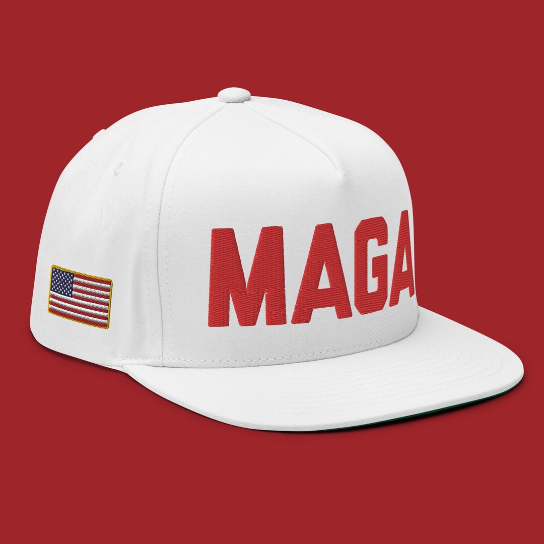 MAGA 3D Puff Flat Bill Patriot Hat Trump Rally Red Embroidery on White ...