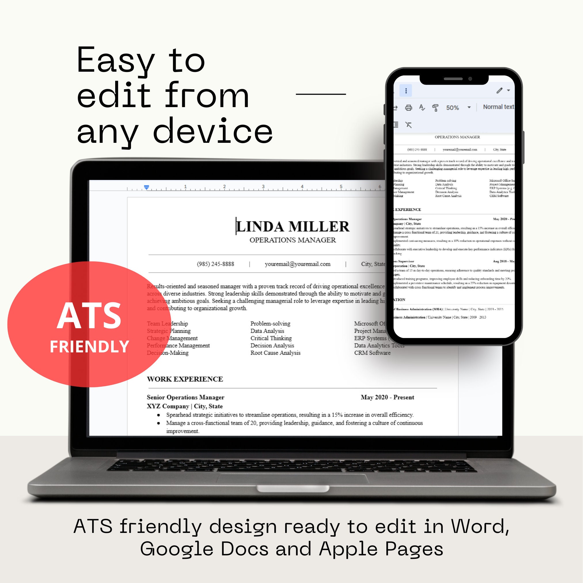 ATS Friendly Resume Template Clean CV Design Google Docs, MS Word ...