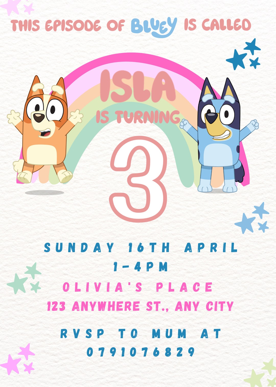 Bluey Birthday Invitation Personalised Bluey Kids Invite Evite Card ...