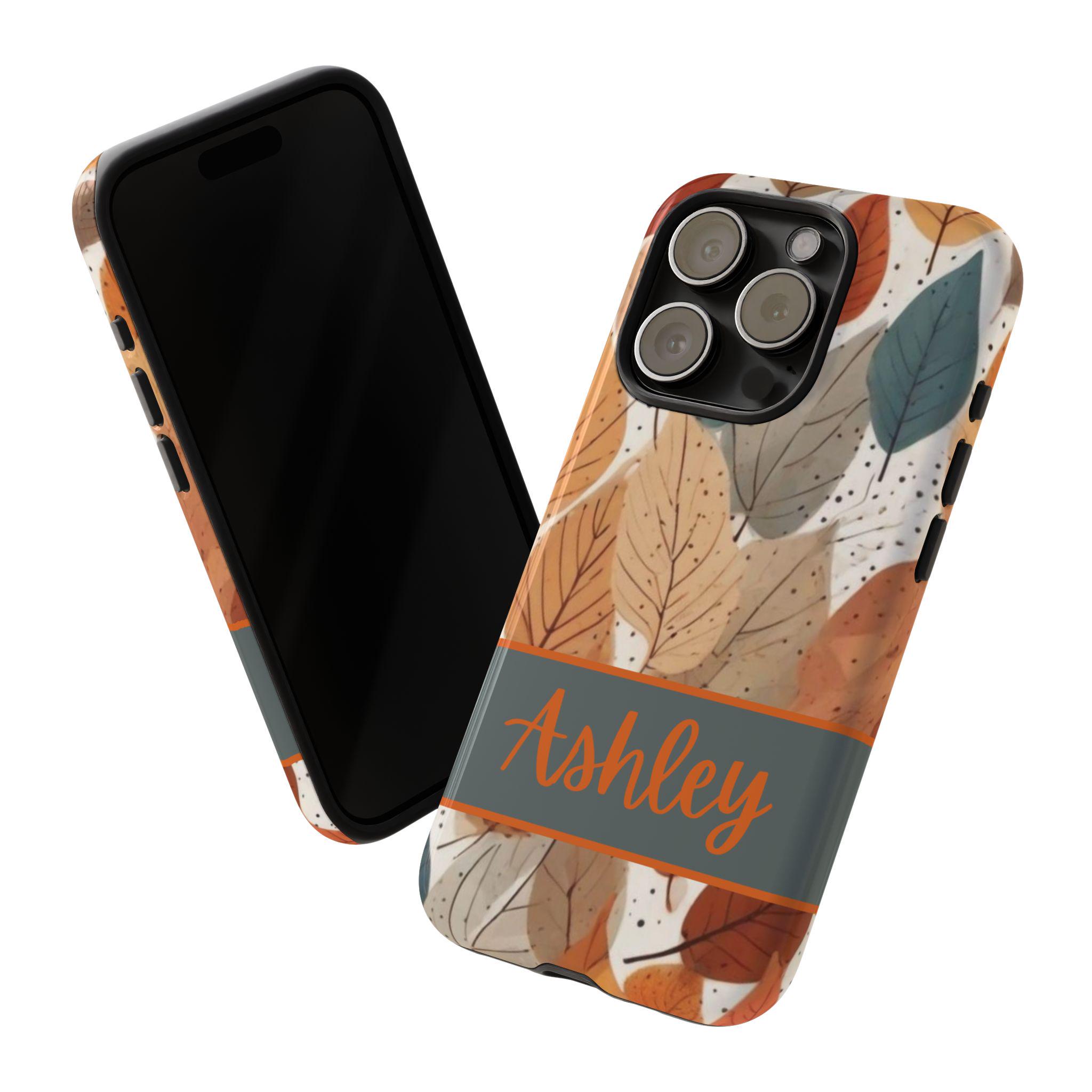 Halloween Fall Autumn Orange and Blue Leaf Custom Name Monogrammed Cell ...