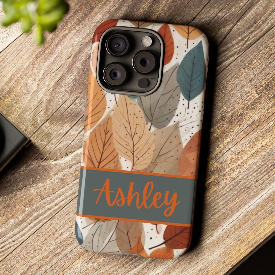 Halloween Fall Autumn Orange and Blue Leaf Custom Name Monogrammed Cell ...