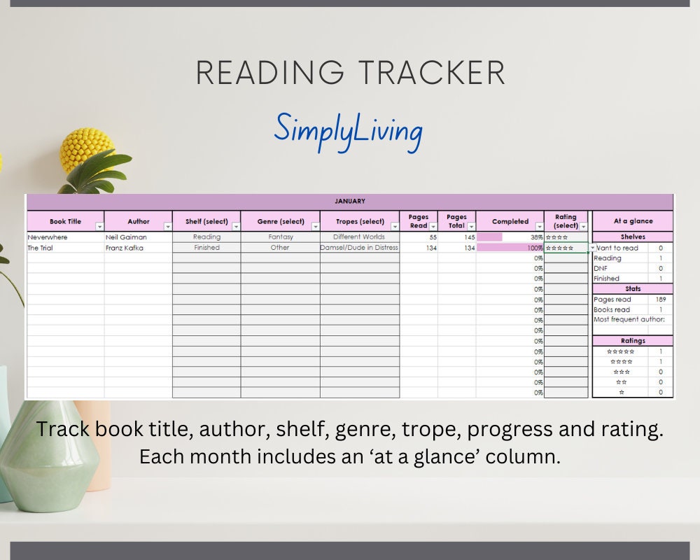 Simple Reading Tracker Book Tracker Personal Library Tracker Excel ...