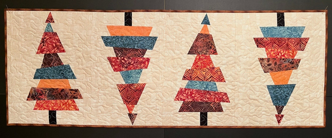 FALL WONKY TREES, 8, Off-center, Table Runner, Tree Uses Eight Different Fabrics, Batik Fabrics ...
