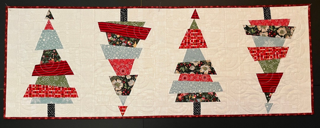 WINTER WONKY TREES: 15, Off-center, Table Runner, Tree Uses Eight Different Fabrics, Swirls ...