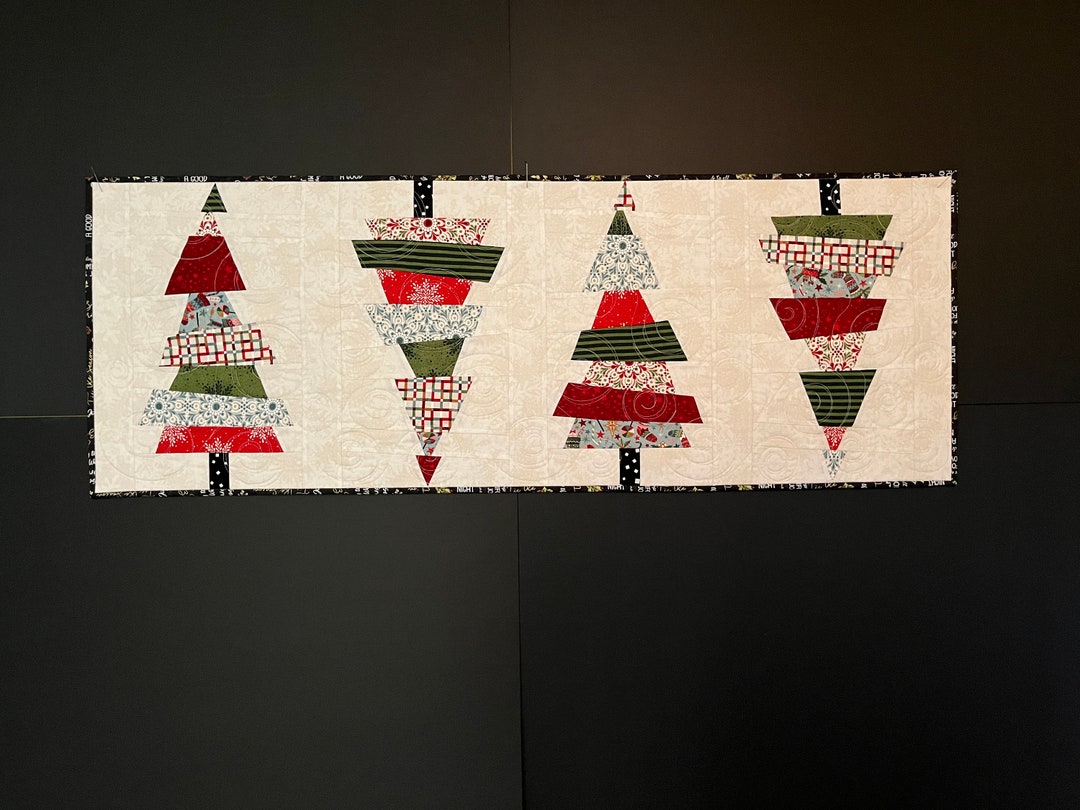 WINTER WONKY TREES 18, Off-center, Table Runner, Tree Uses Eight Different Fabrics, Swirls ...