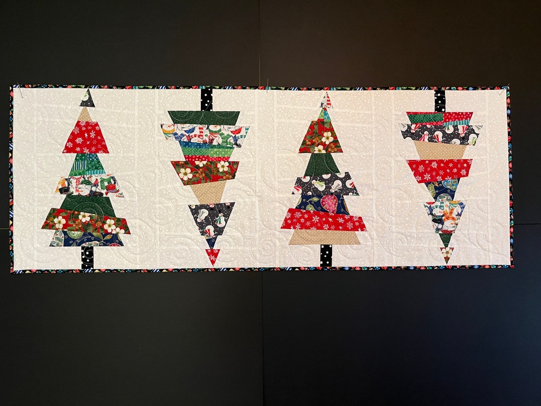 WINTER WONKY TREES 20, Off-center, Table Runner, Tree Uses Eight Different Fabrics, Swirls ...