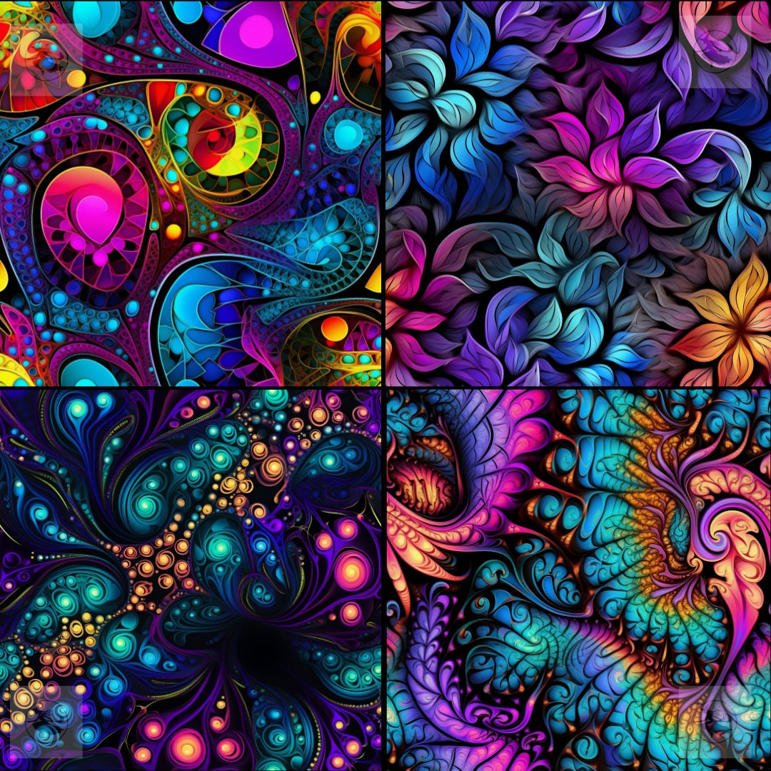 Seamless Neon Psychedelic Trip Digital Paper, Trippy Neon Glow Patterns ...
