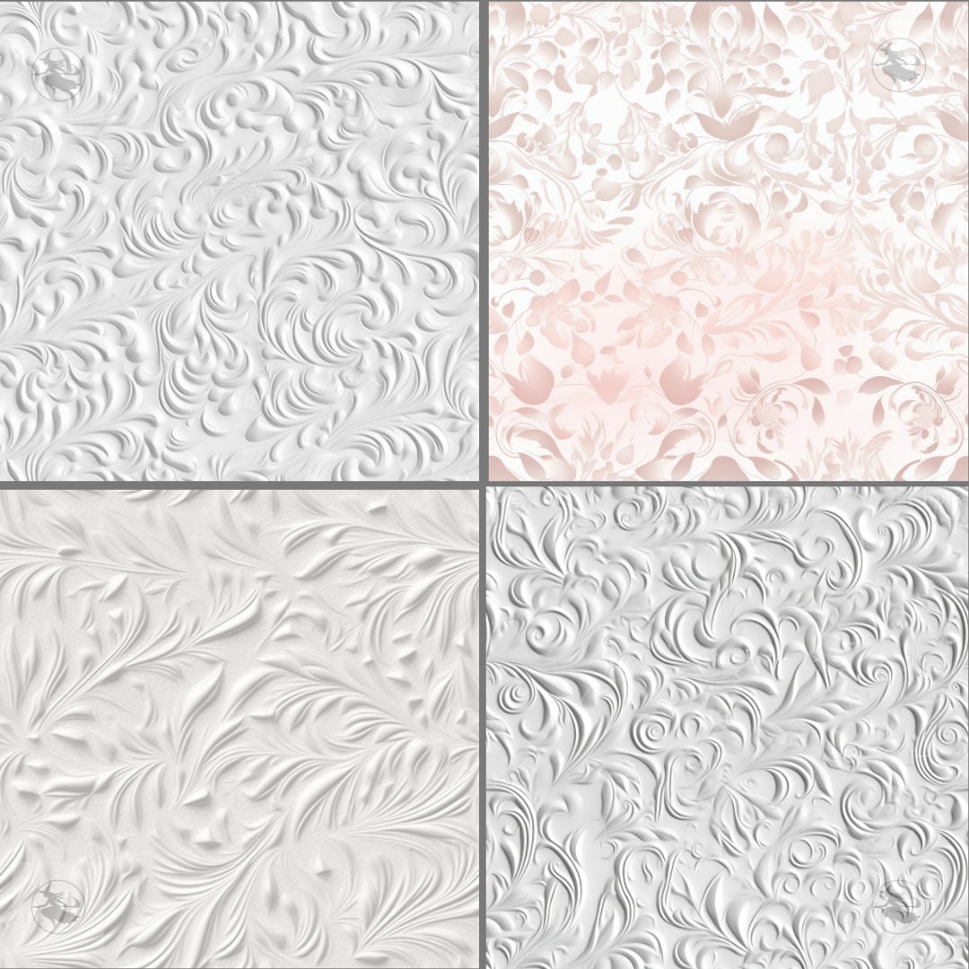 Seamless Ivory Lace & Embossed Floral Digital Paper, White Embossed ...