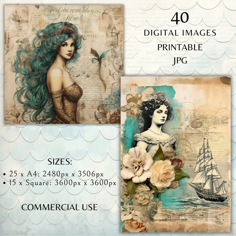 BIG BUNDLE Mermaid Junk Journal Digital Paper, Vintage Nautical Mermaid ...