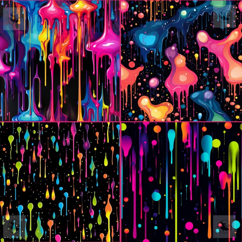 Dripping Paint Digital Paper, Seamless Neon Liquid Paint Drips Pattern ...