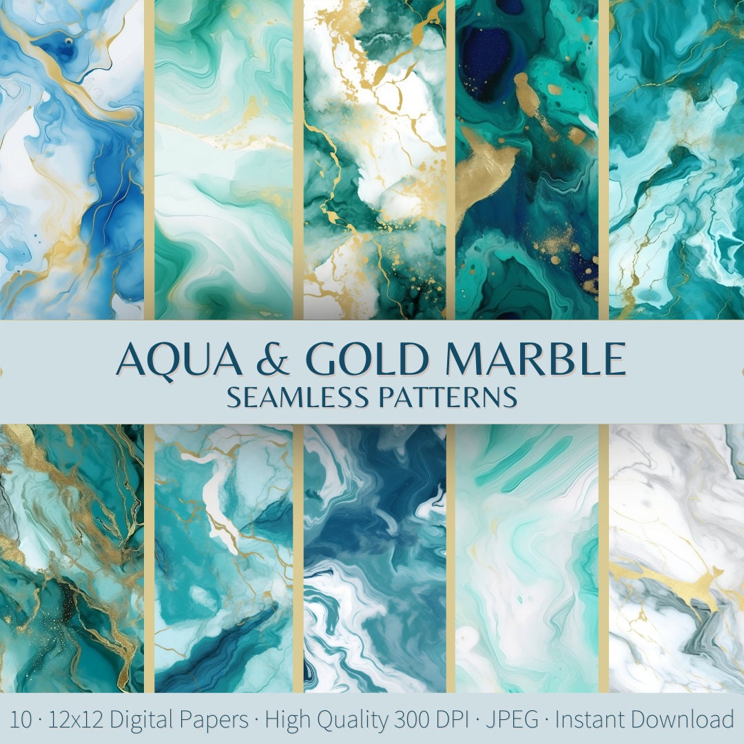 Seamless Blue and Gold Marble Digital Paper, Blue Agate Pattern ...