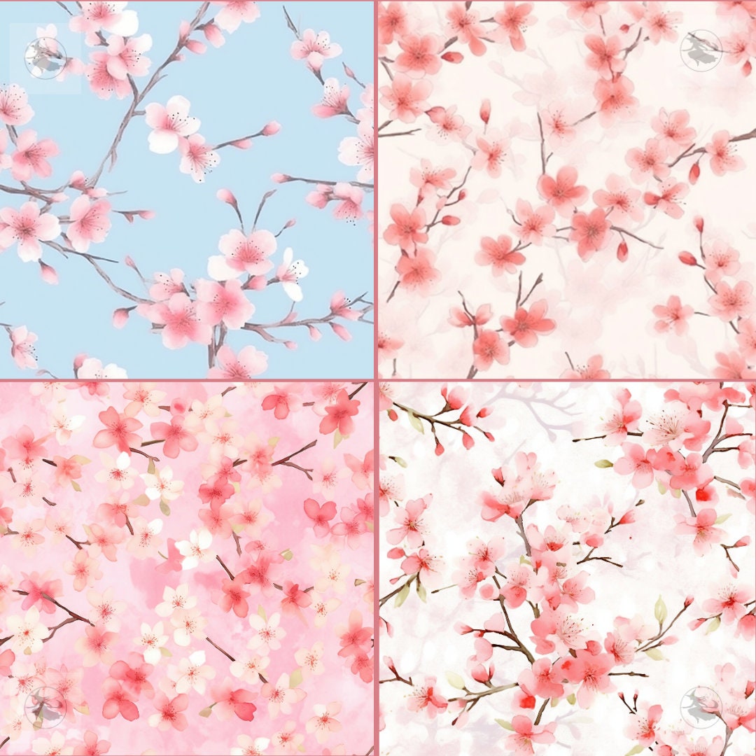 Japanese Sakura Cherry Blossom Digital Paper, Seamless Watercolor ...