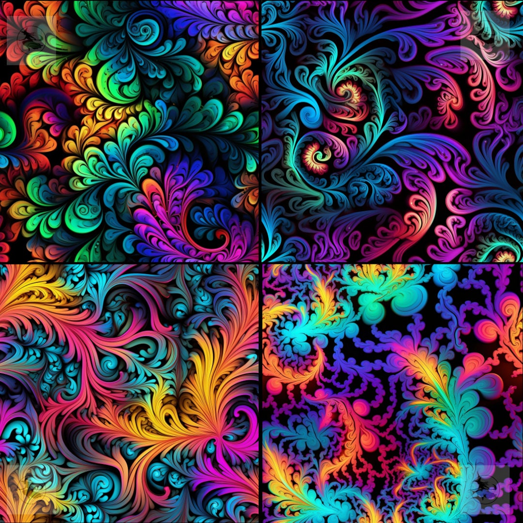 Seamless Neon Psychedelic Trip Digital Paper, Trippy Neon Glow Patterns ...