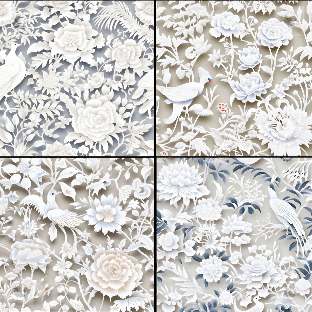3D Chinoiserie Papercut Digital Paper, Seamless Chinoiserie Flower ...