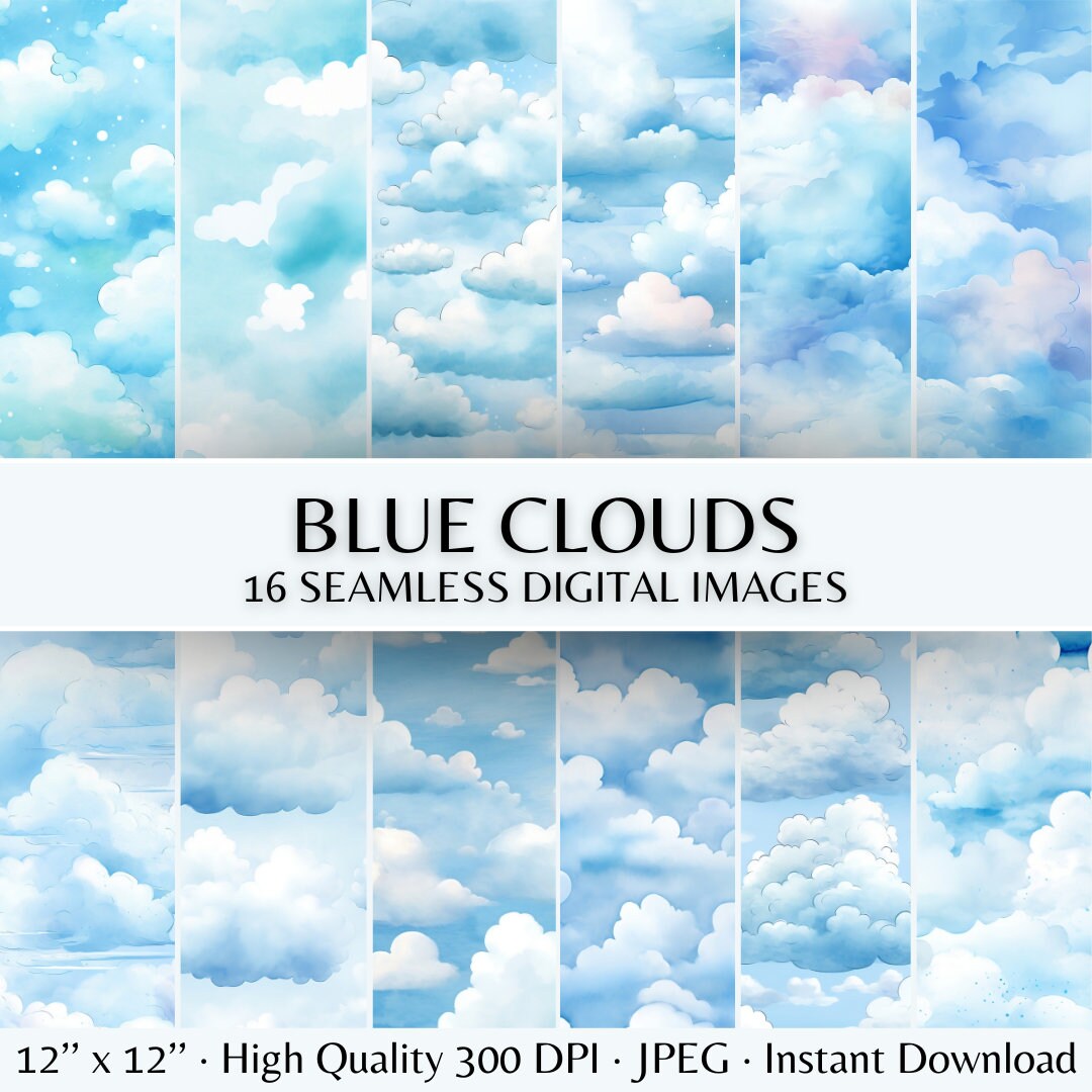 Blue Clouds Skies Digital Paper, Seamless Baby Blue Cloud Pattern ...