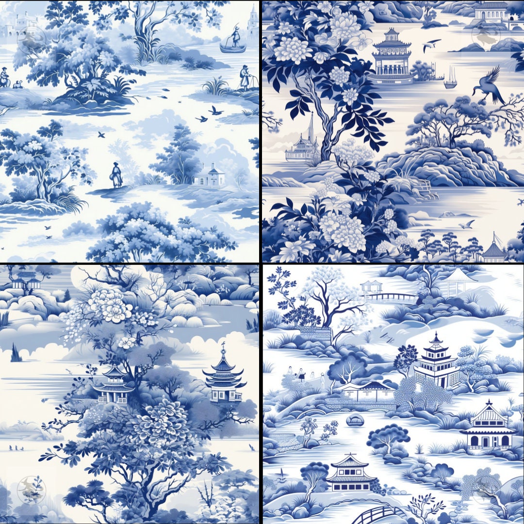 Blue Chinoiserie Toile De Jouy Digital Paper, Seamless French ...
