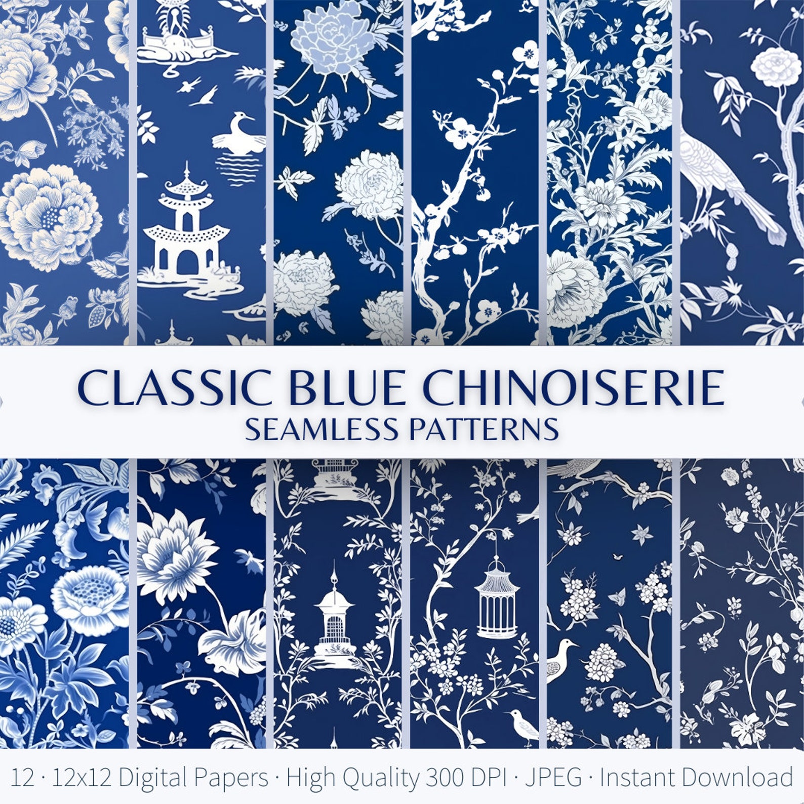 Blue Chinoiserie Digital Paper, China Blue White Seamless Pattern ...