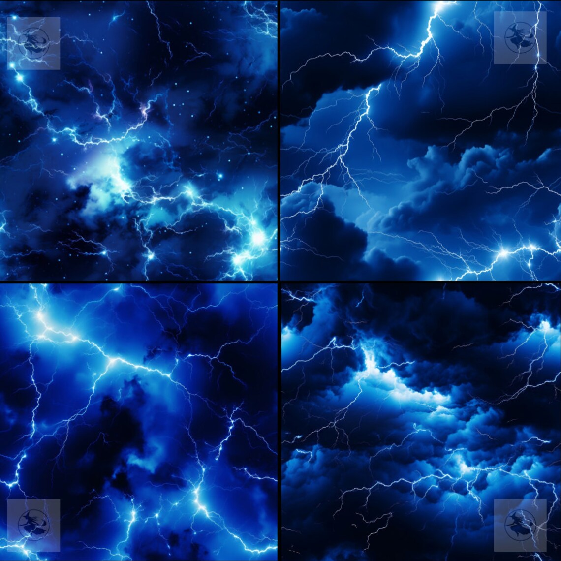Blue Lightning Thunder Storm Digital Paper, Seamless Lightning Bolts ...