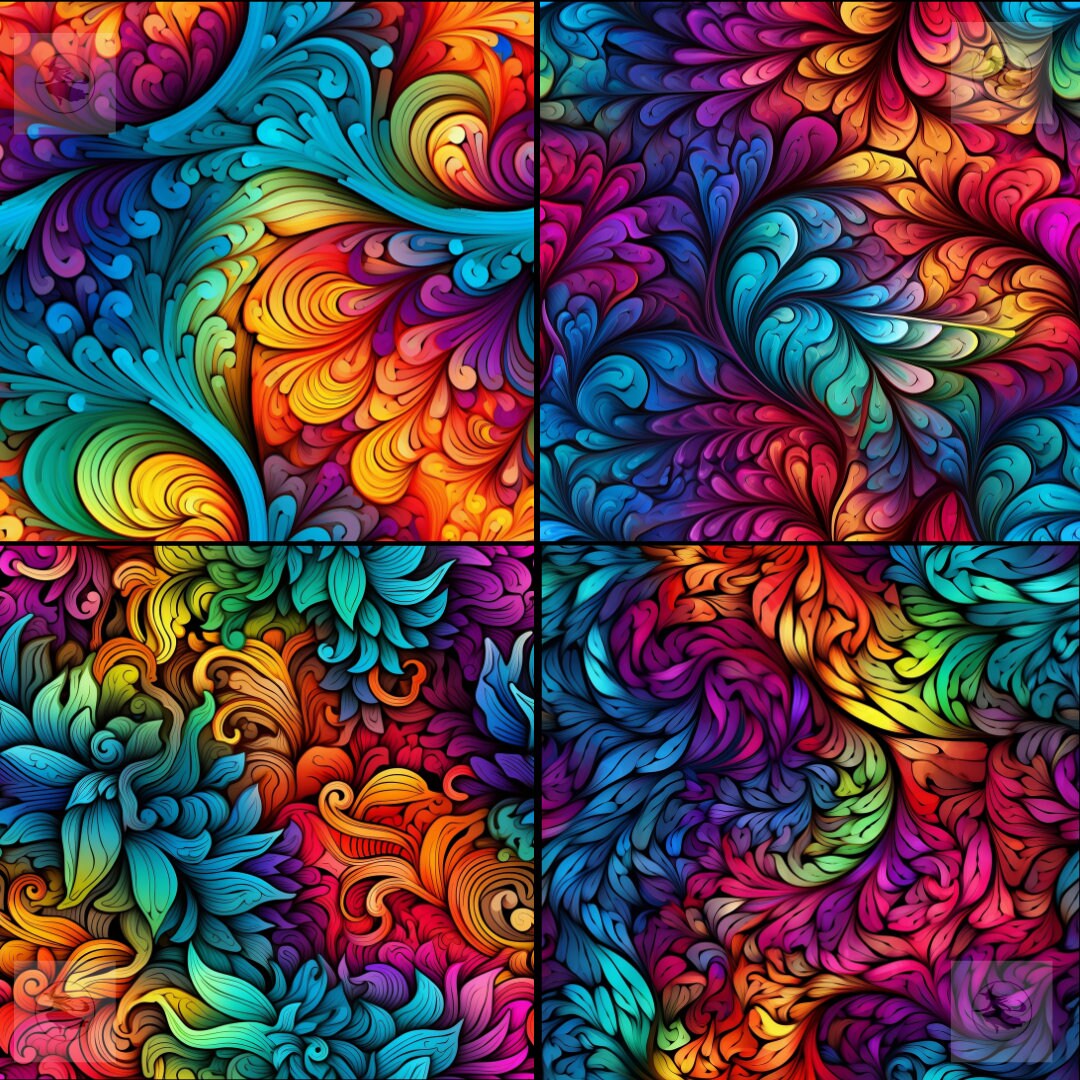 Seamless Neon Psychedelic Trip Digital Paper, Trippy Neon Glow Patterns ...