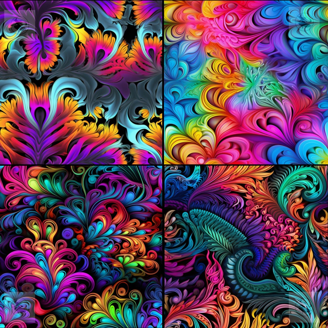 Seamless Neon Psychedelic Trip Digital Paper, Trippy Neon Glow Patterns ...