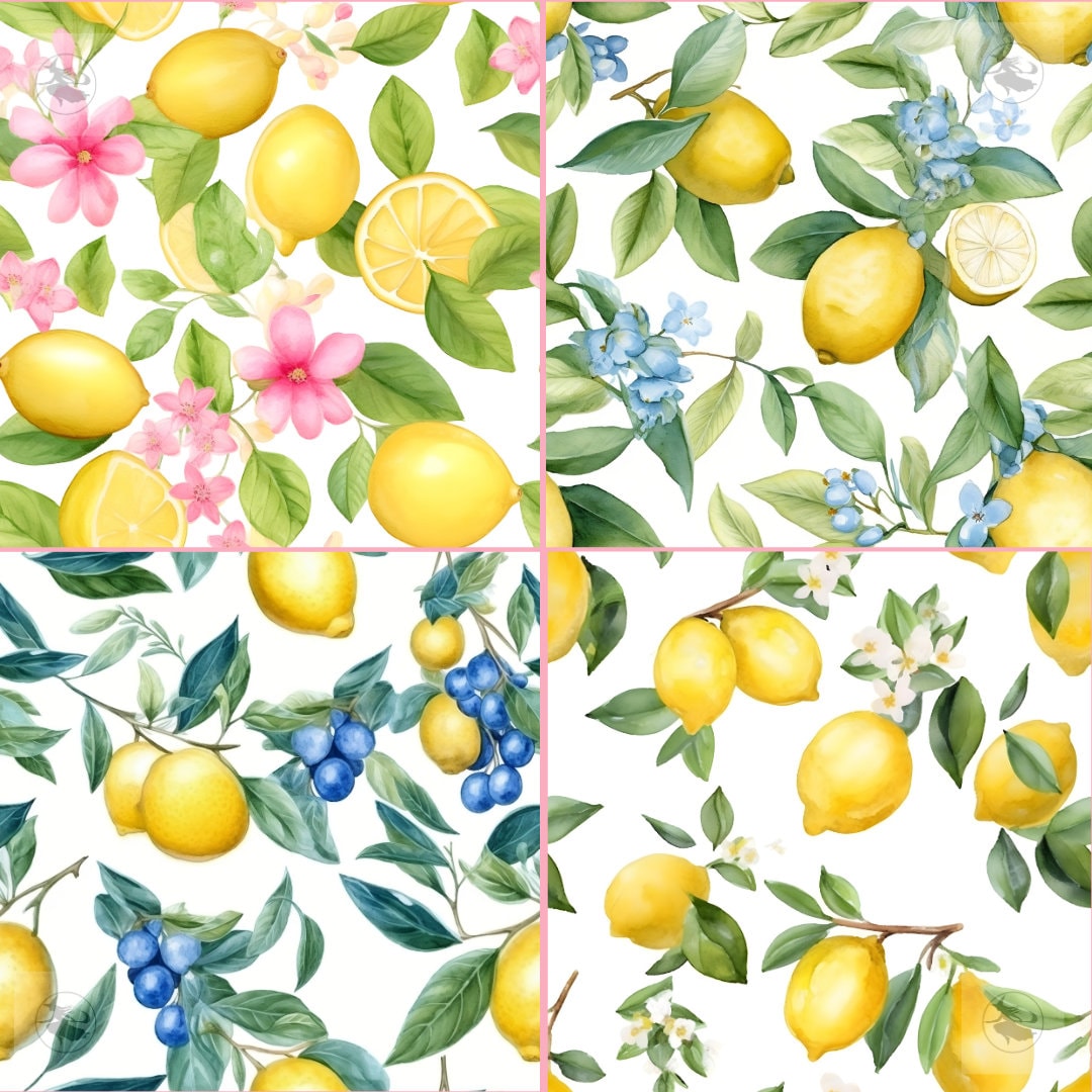 French Vintage Lemons Digital Paper, Seamless Watercolor Italy Lemons ...