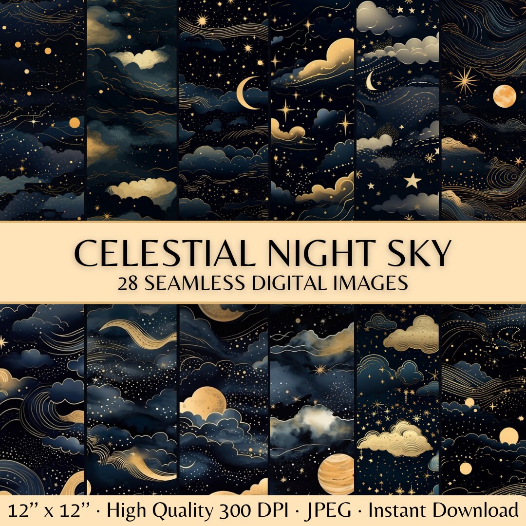 Celestial Starry Night Sky Digital Paper, Seamless Navy Gold Moon ...