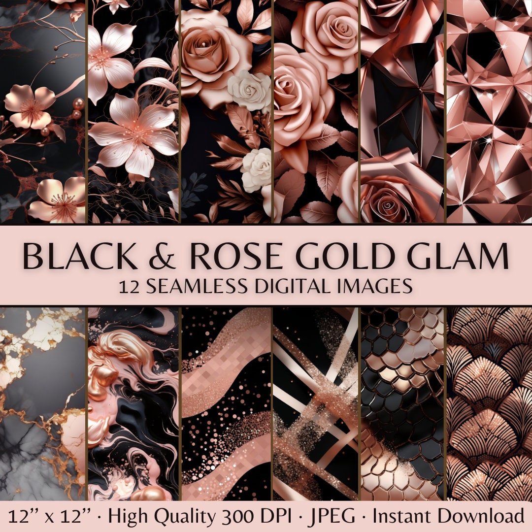 Black Rose Gold Floral Digital Paper: Glam Shimmer Patterns (digital ...