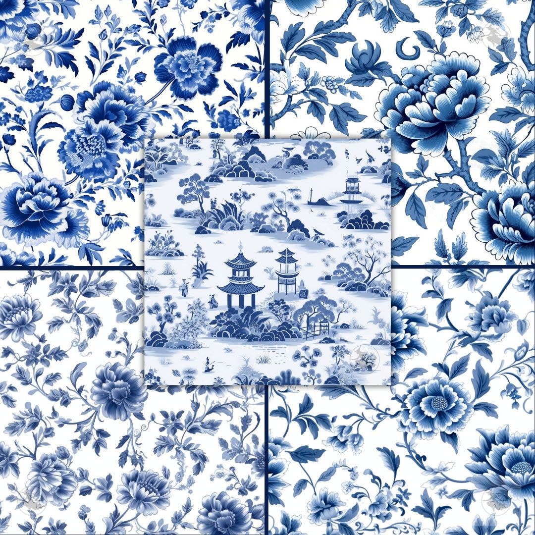 Seamless Blue Chinoiserie Digital Paper, China Blue White Patterns ...