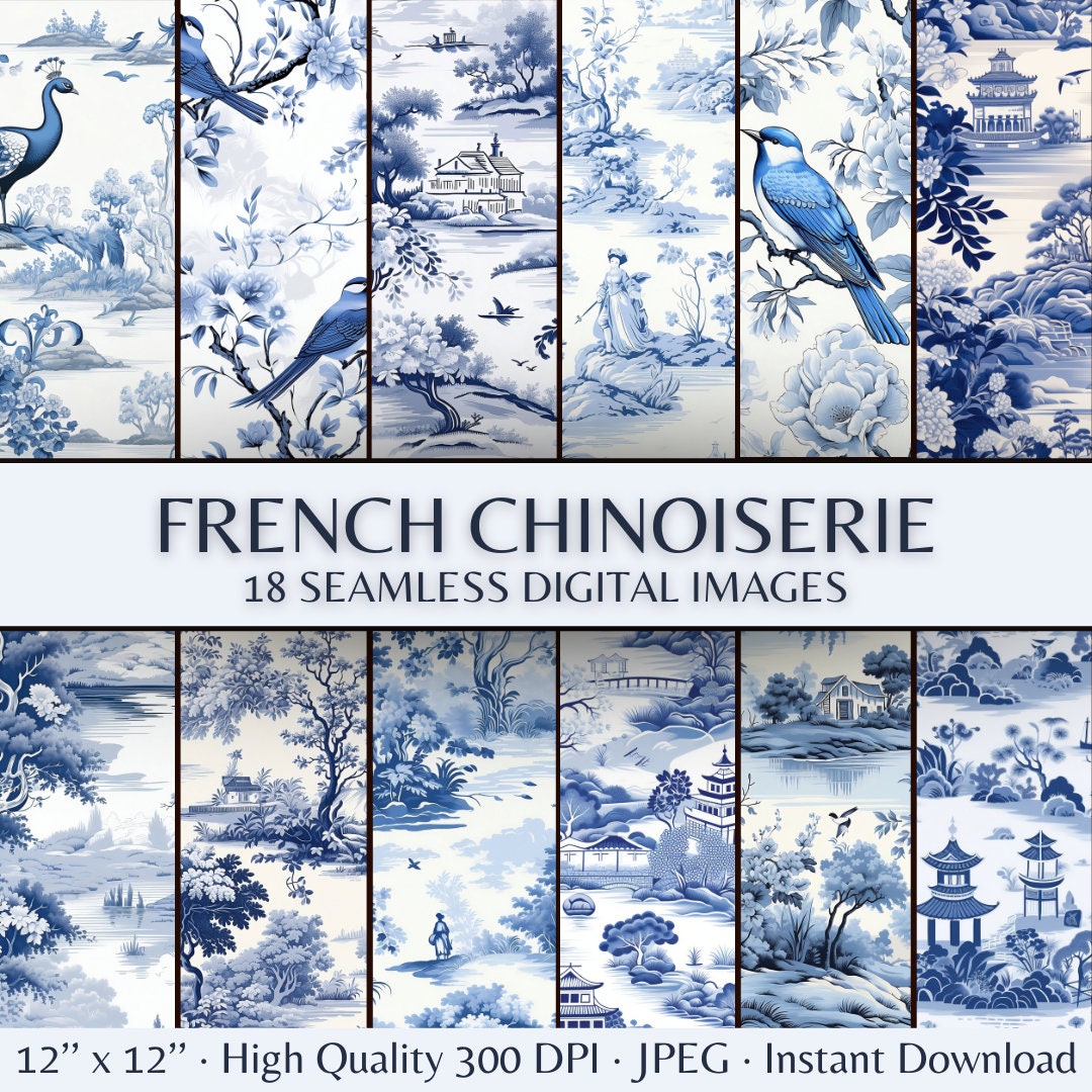 Blue Chinoiserie Toile De Jouy Digital Paper, Seamless French Chinoiserie Pattern, Blue & White ...