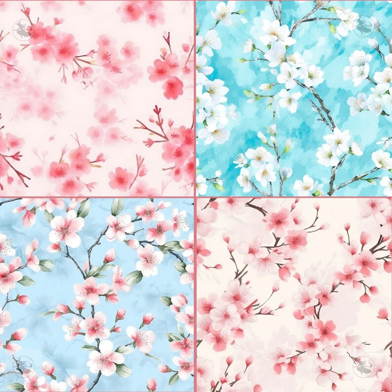 Japanese Sakura Cherry Blossom Digital Paper, Seamless Watercolor ...