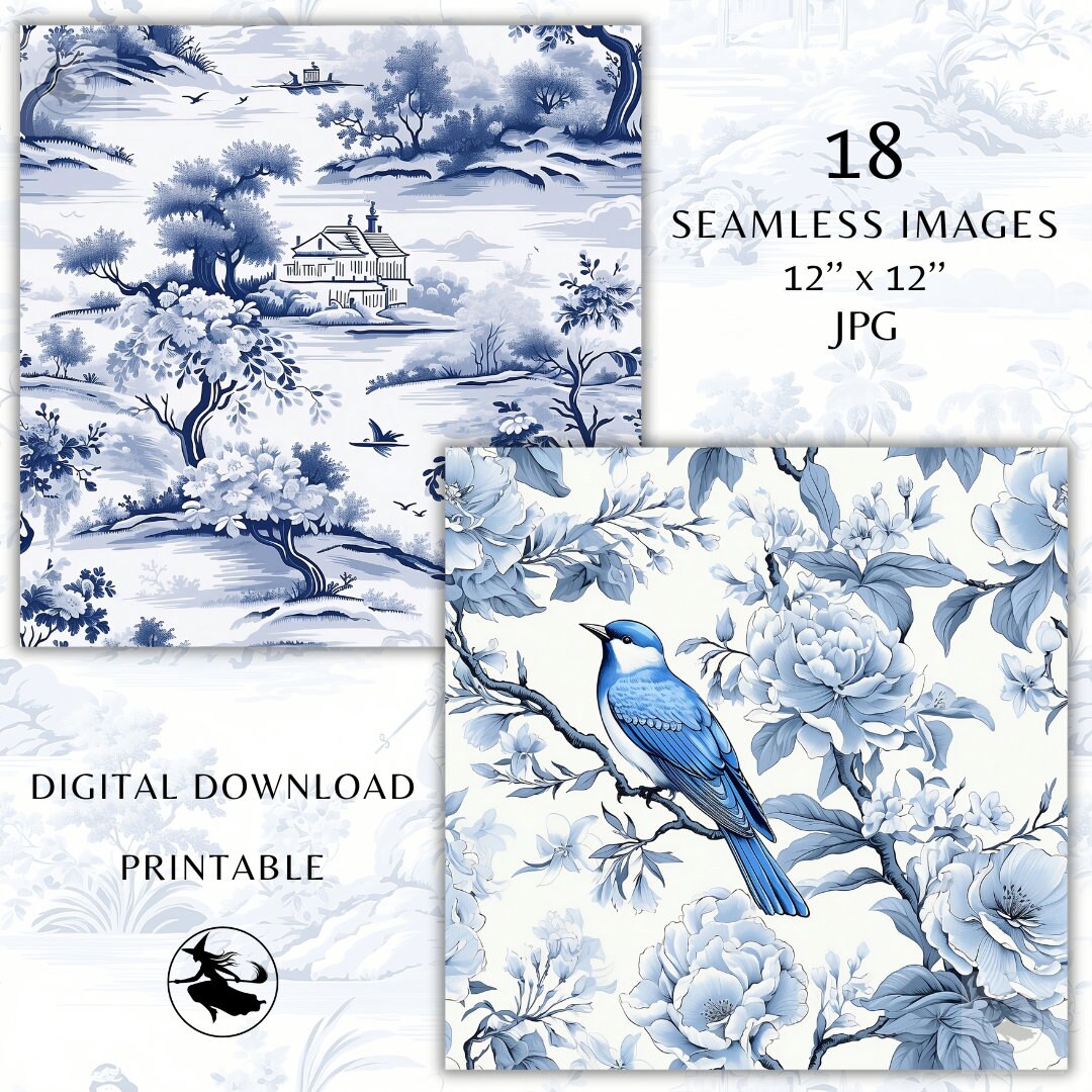 Blue Chinoiserie Toile De Jouy Digital Paper, Seamless French ...