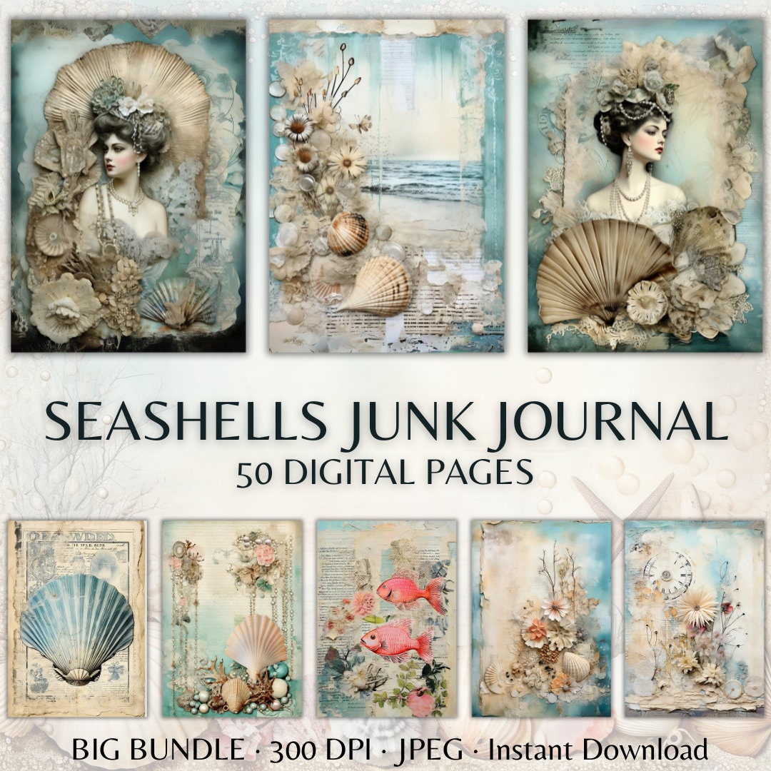 BIG BUNDLE Seashells Junk Journal Digital Paper, Vintage Nautical ...
