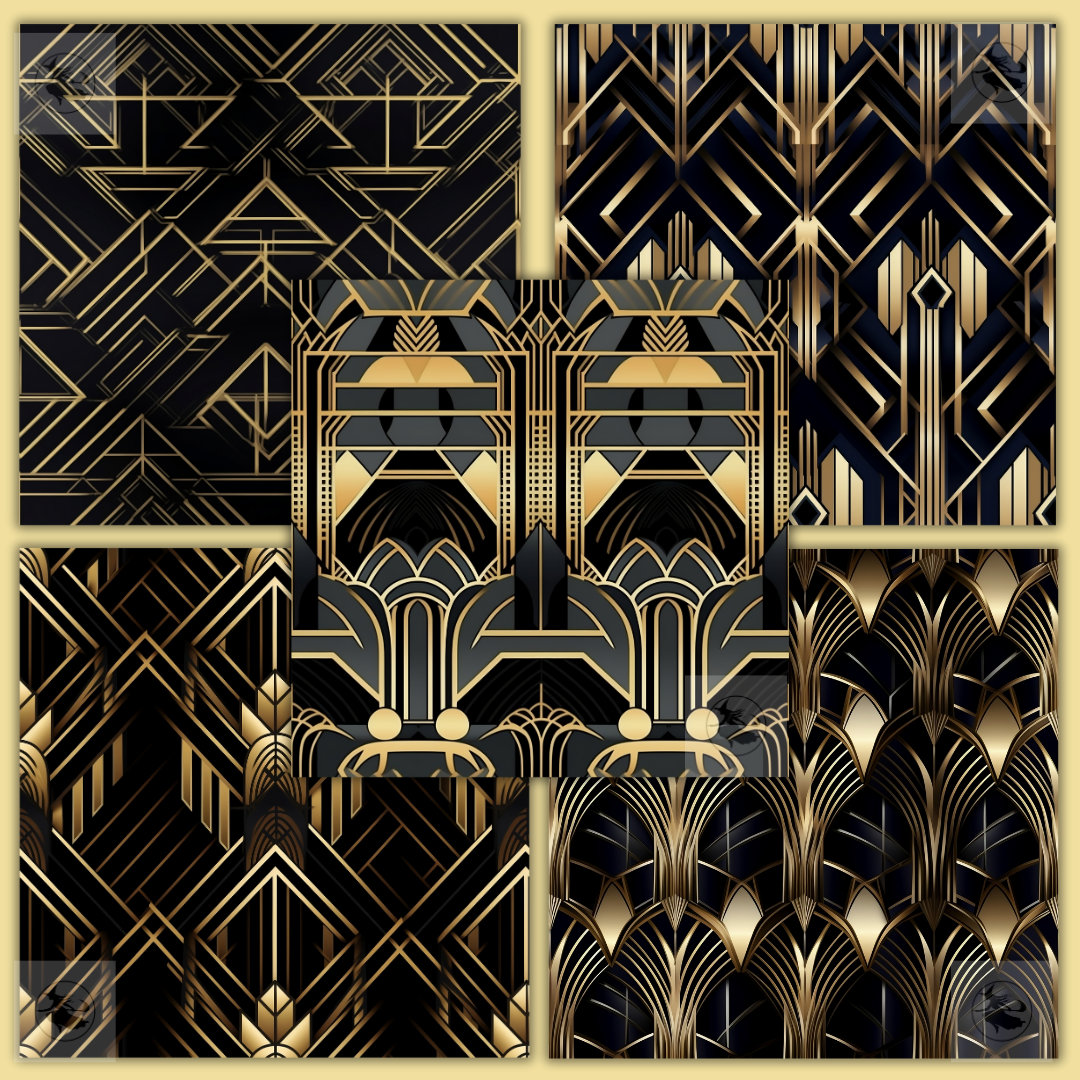 Seamless Art Deco Digital Paper, Black & Gold Art Deco Pattern, Gatsby ...
