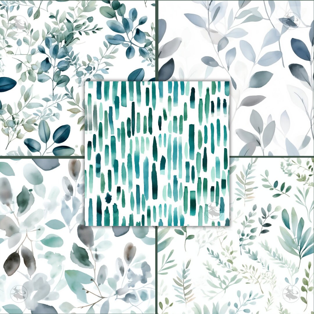 Watercolor Eucalyptus Digital Paper, Seamless Green Botanical Leaves ...