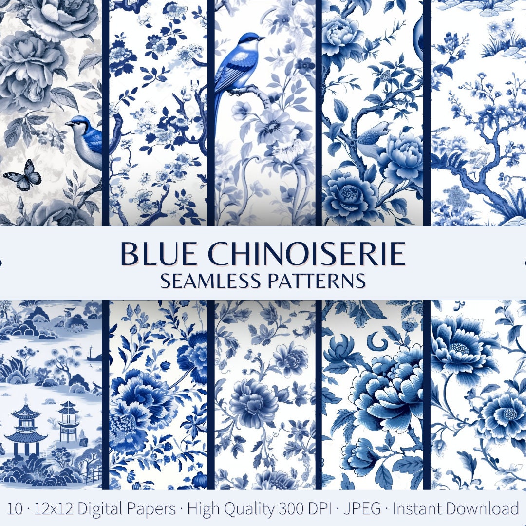 Seamless Blue Chinoiserie Digital Paper, China Blue White Patterns ...