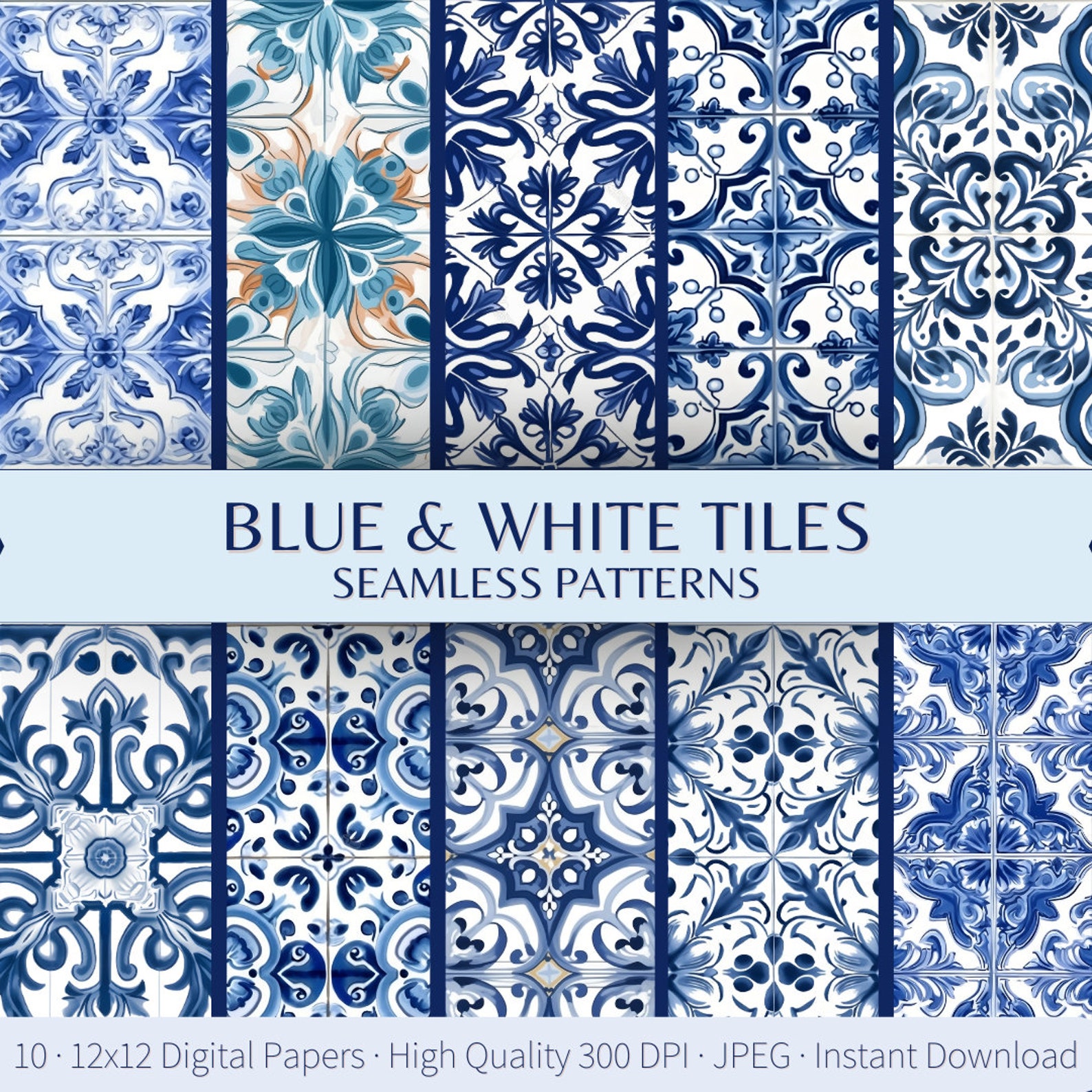 Seamless Portuguese Tiles Blue and White Digital Pattern, Azulejo ...