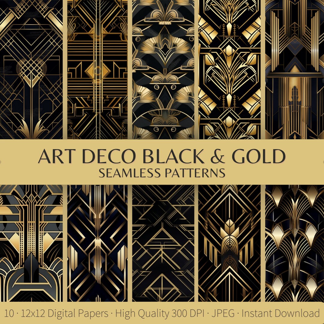 Seamless Art Deco Digital Paper, Black & Gold Art Deco Pattern, Gatsby ...