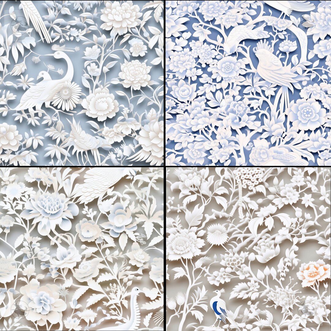 3D Chinoiserie Papercut Digital Paper, Seamless Chinoiserie Flower ...