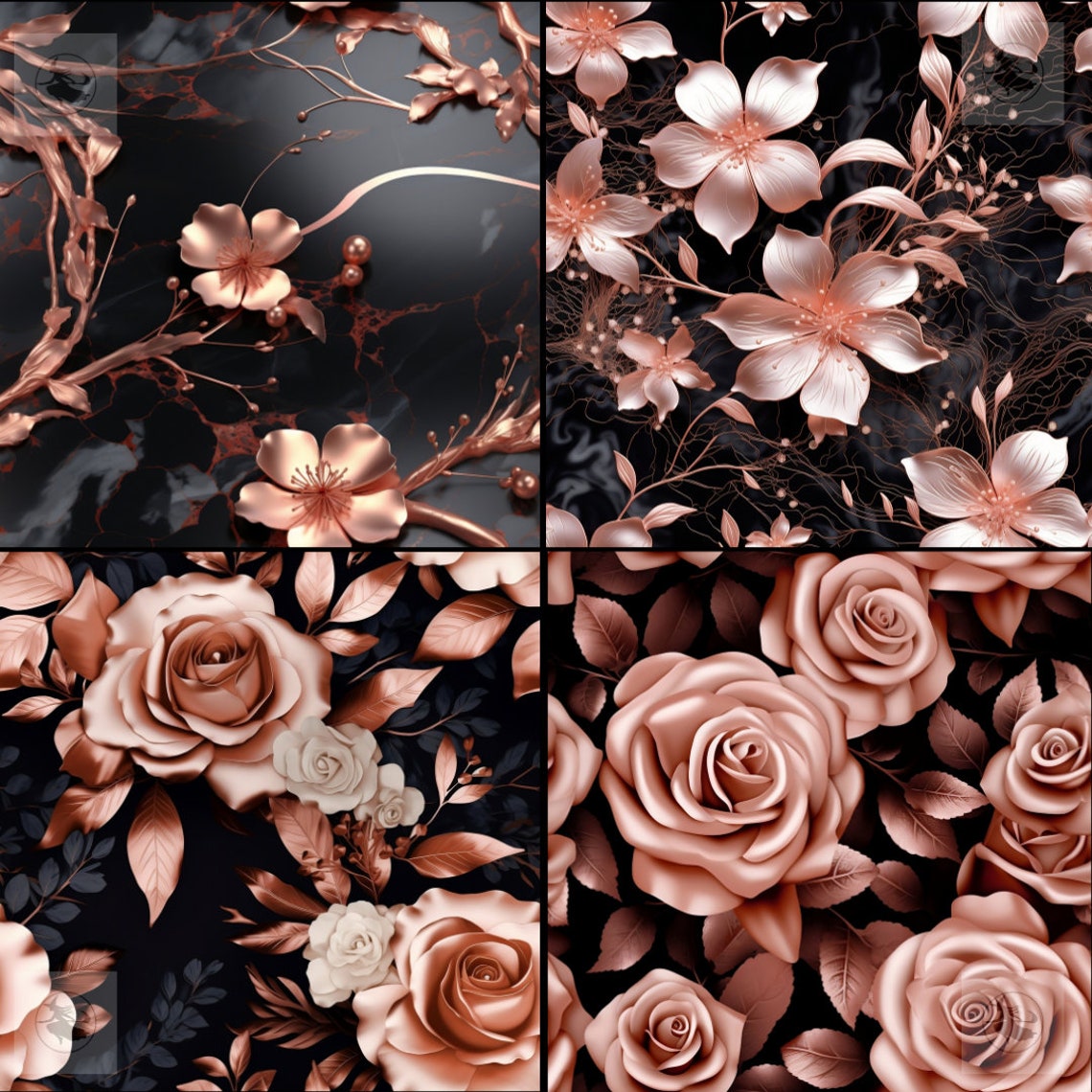 Black Rose Gold Floral Digital Paper: Glam Shimmer Patterns (digital ...