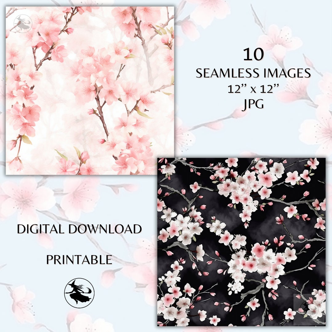 Japanese Sakura Cherry Blossom Digital Paper, Seamless Watercolor ...
