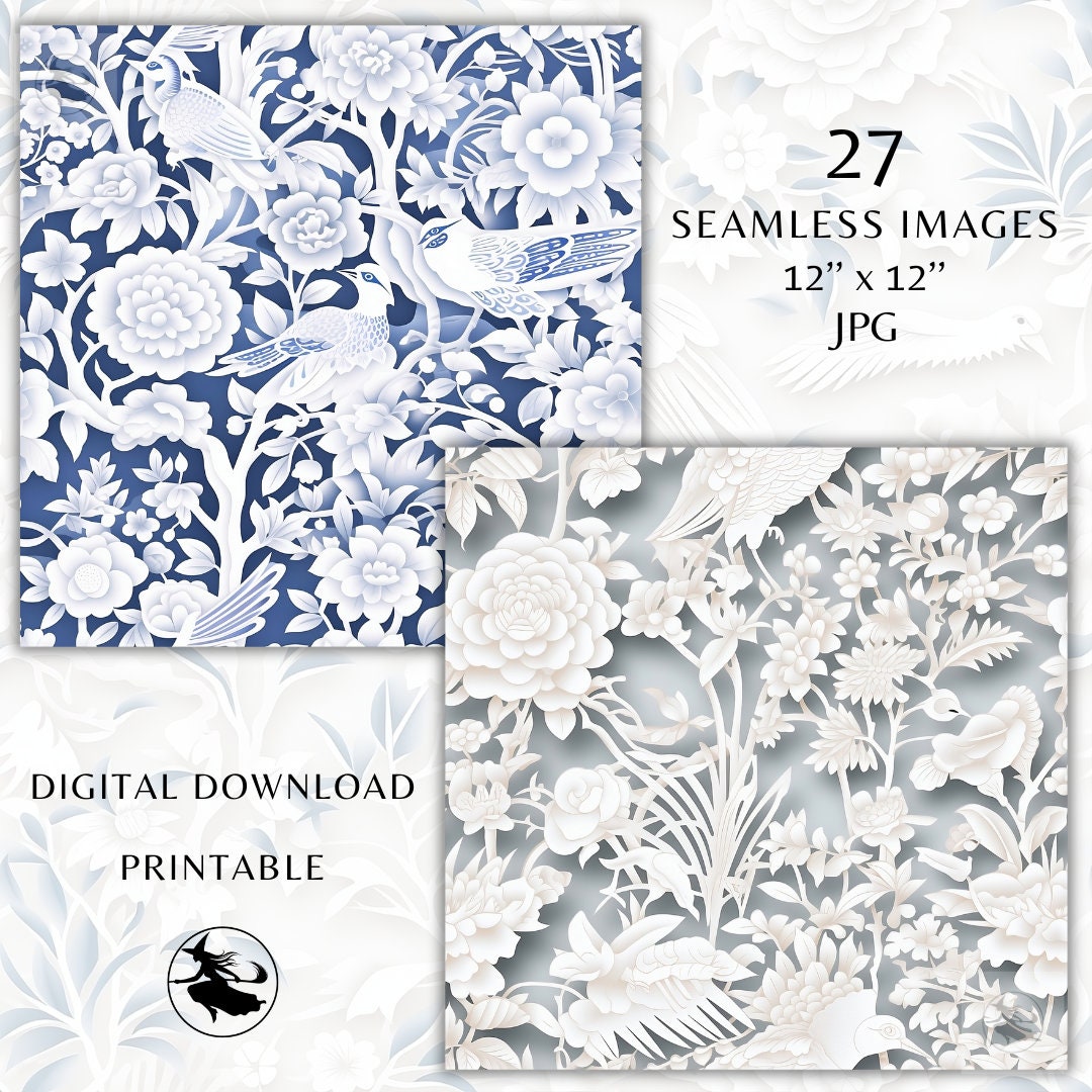 3D Chinoiserie Papercut Digital Paper, Seamless Chinoiserie Flower ...