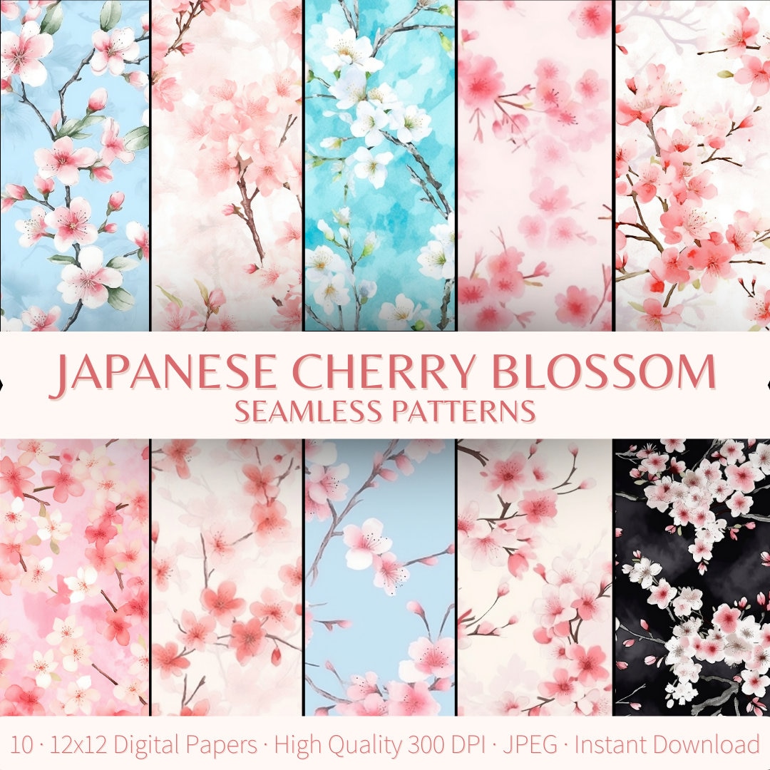 Japanese Sakura Cherry Blossom Digital Paper, Seamless Watercolor ...
