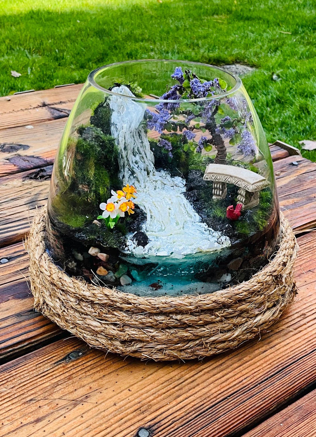 Mossy Waterfall Terrarium With Handmade Tree & Bench - Etsy