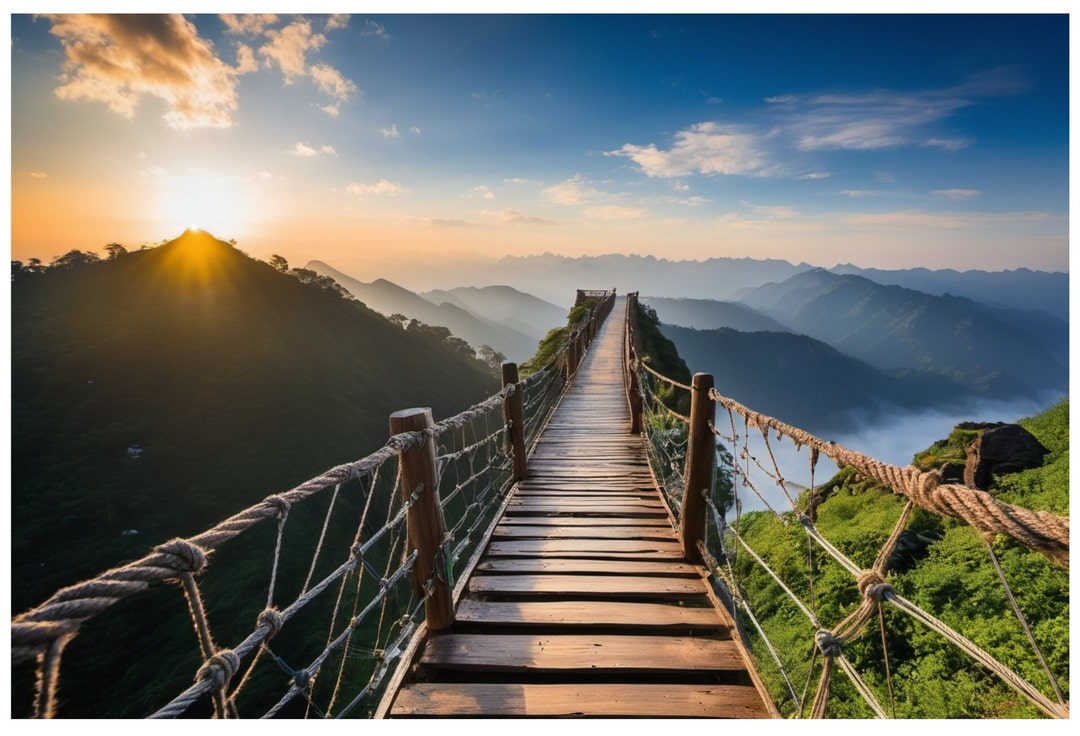 Inspirational, Sunrise, Mountain, Rope Bridge, Adventure, Nature Wall ...
