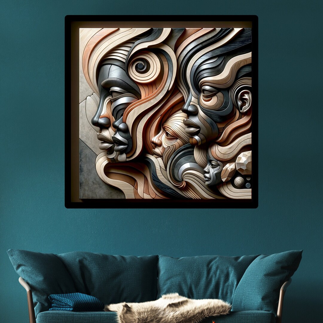Interwoven Souls Art Print - 3D Abstract Layered Faces, Wooden Texture ...