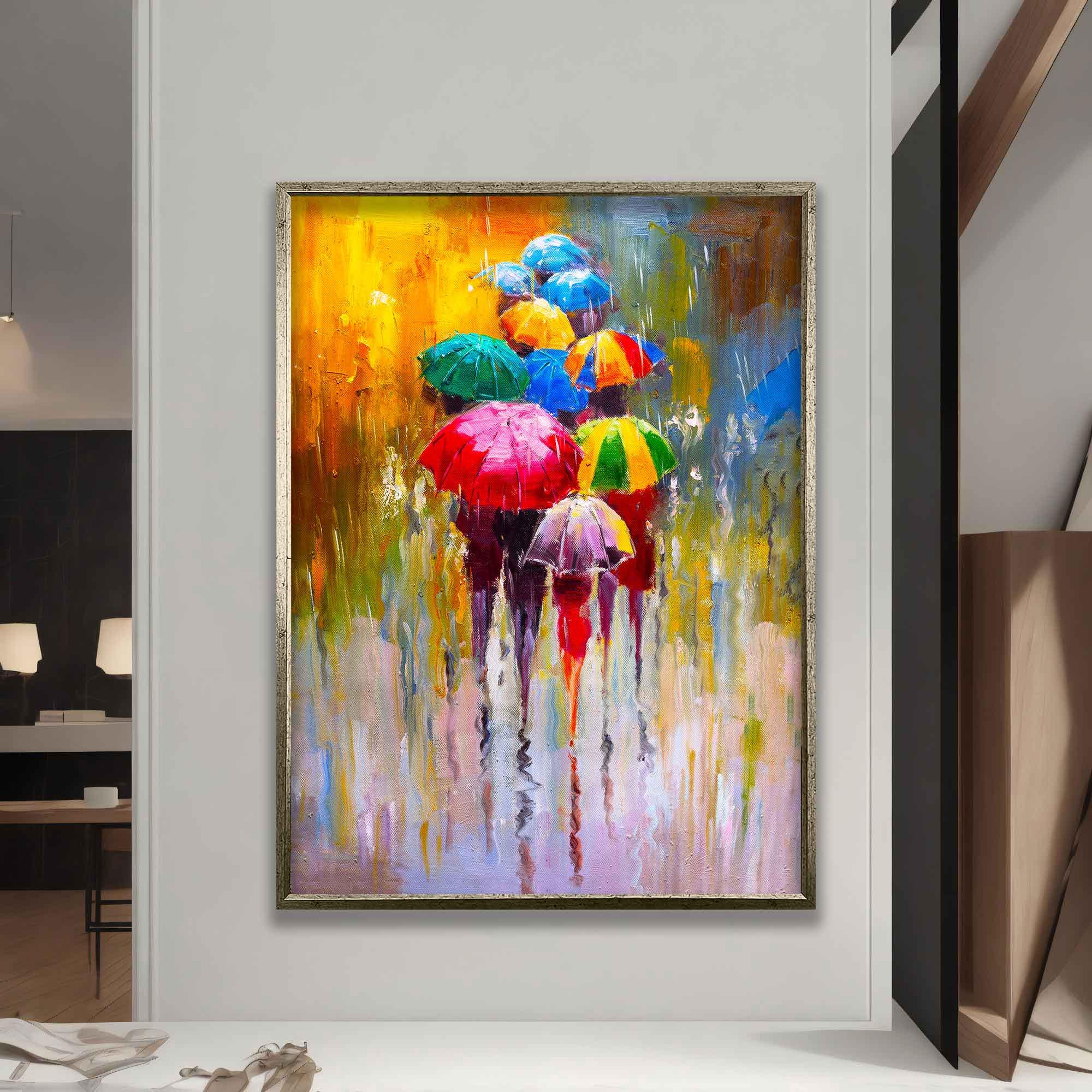 People Walking With Colorful Umbrellas İn the Rain on the Boulevard ...