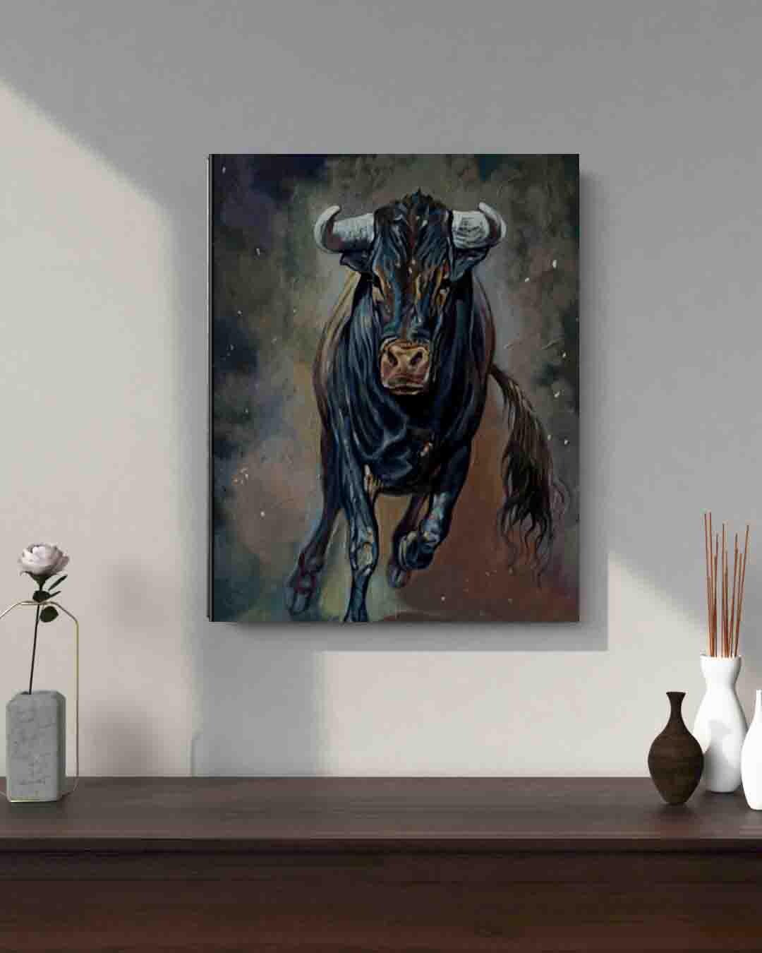 Angry Black Bull Coming to Matadora in the Arena Canvas Wall Decor ...