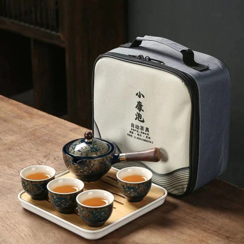 Chinese Tea Set With Rotating Teapot Portable Tea Travel Kit, Ceramic ...