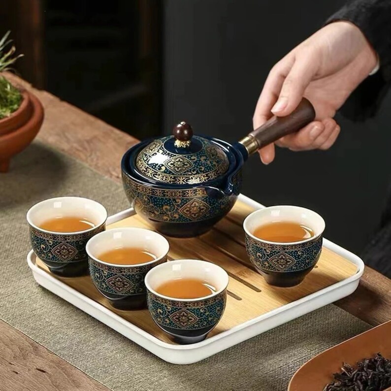 Chinese Tea Set With Rotating Teapot Portable Tea Travel Kit, Ceramic ...