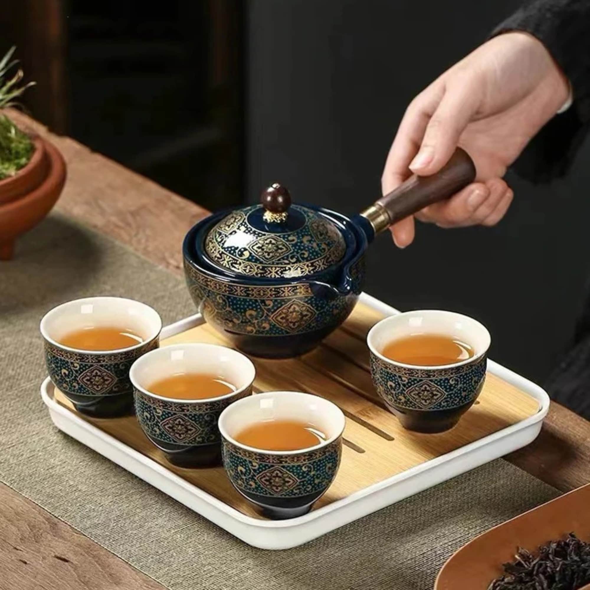 Chinese Tea Set With Rotating Teapot Portable Tea Travel Kit, Ceramic ...